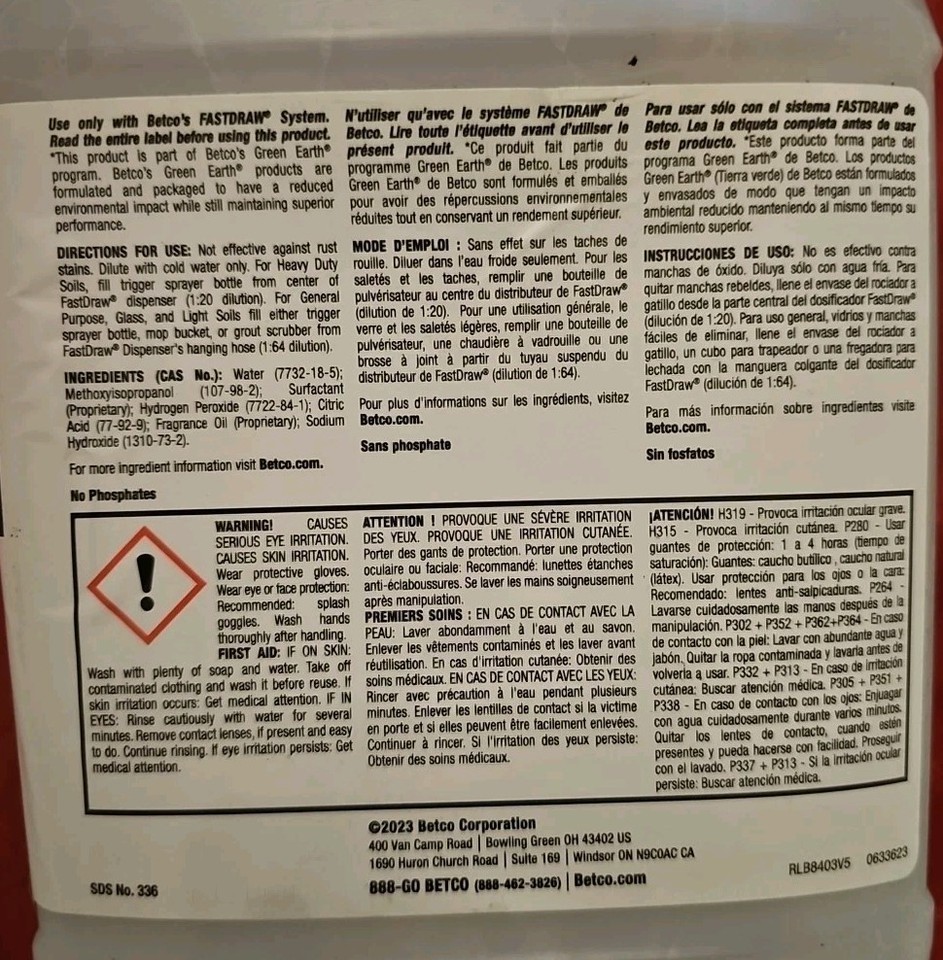 2 Bottles BETCO 336 FASTDRAW 11 Green Earth Peroxide Cleaner 2L (2 ...