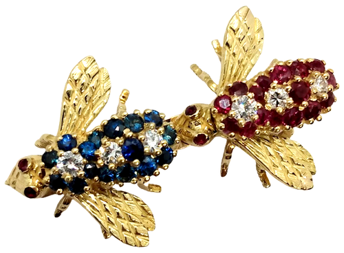 Elegant Vintage Diamond Ruby Sapphire 18K Gold Double Bee Brooch Pin ...