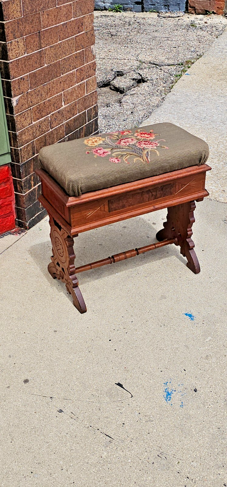 Antique Victorian Eastlake piano bench w/ floral needle point hidden ...