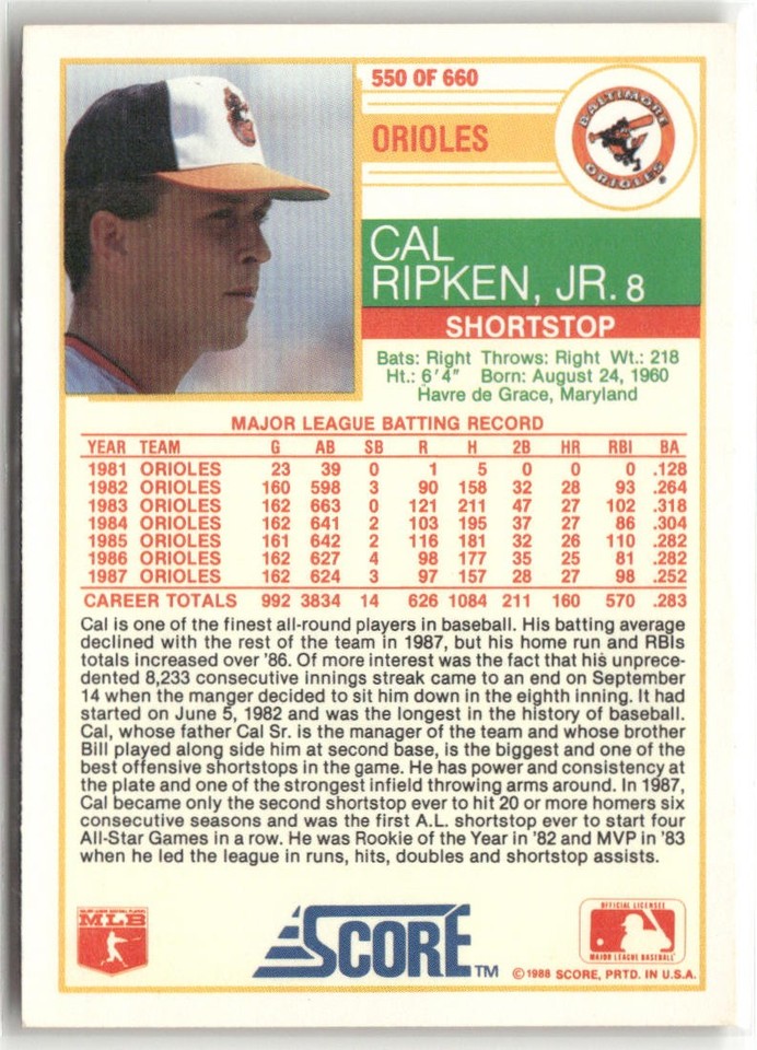 1988 SCORE #550 CAL RIPKEN, JR. BALTIMORE ORIOLES | eBay UK