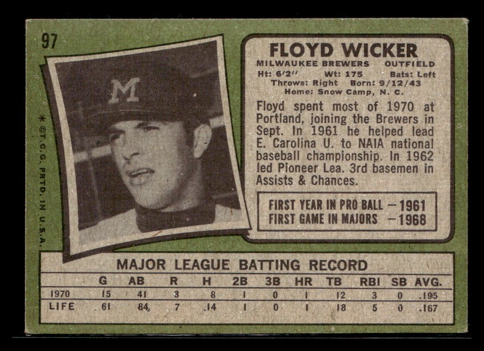 1971 Topps #97 Floyd Wicker VGEX | eBay