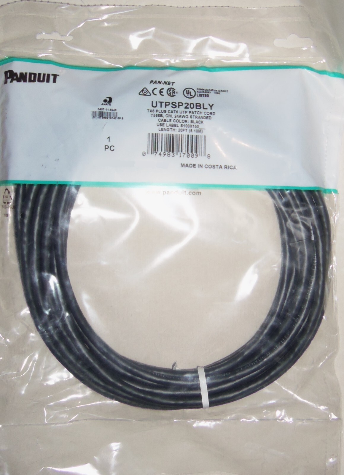Panduit UTPSP20BLY TX6 Plus 20ft Cat6 24AWG UTP Patch Cord Black Cable ...