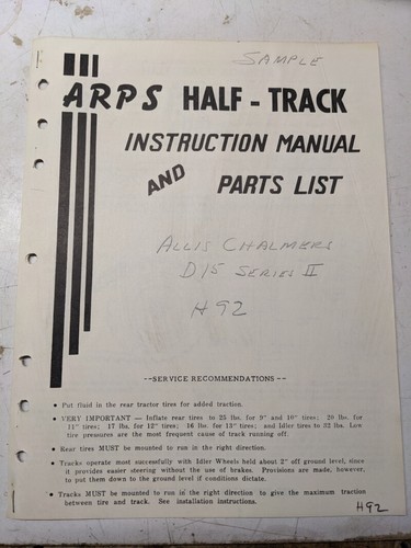 ARPS TRACTOR HALFTRACK INSTRUCTION OWNER MANUAL PART LIST ALLIS ...