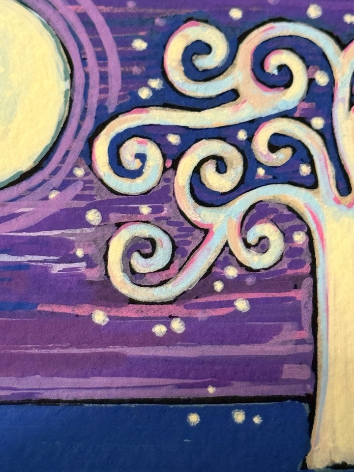 ACEO Acrylic Painting Purple Sunset Tree Moon Landscape Original Pop ...