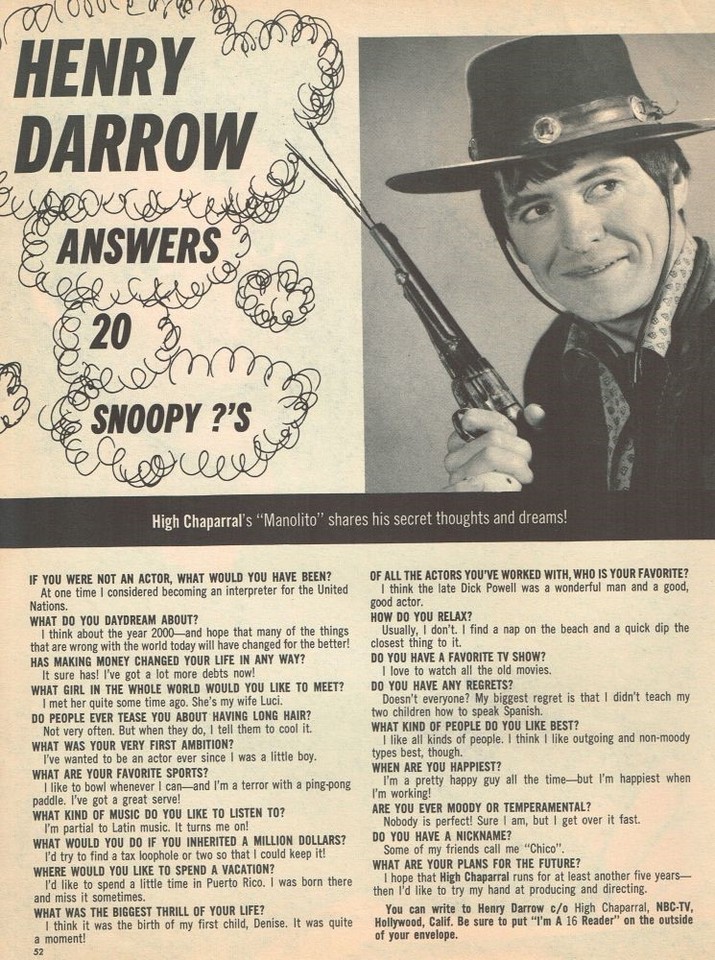 Brenden Boone pinup Henry Darrow article picture clipping Q&A photo ...