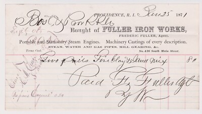 1871 FULLER IRON WORKS STEAM ENGINES BILL TO BOSTON & PROVIDENCE RR ...