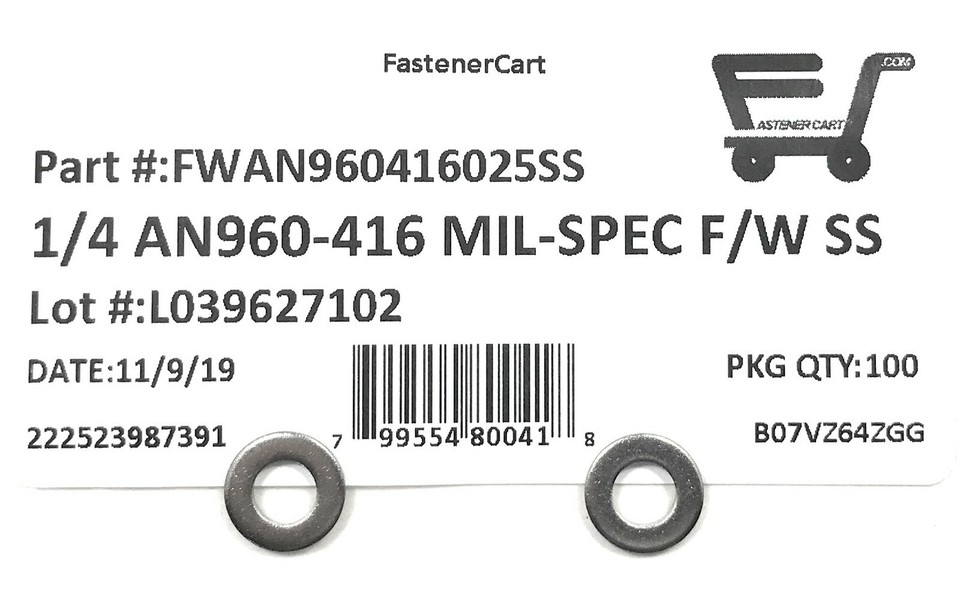 (100) 1/4 AN960-416 Mil-Spec Washers Stainless Steel AN960416 (100 ...