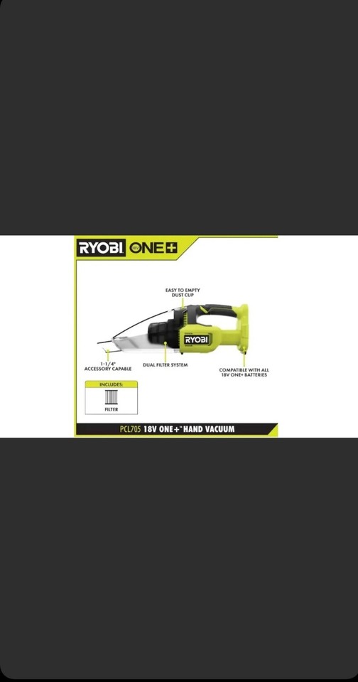 New Ryobi PCL705B - ONE+ 18V Cordless Multi-Surface Handheld Vacuum ...
