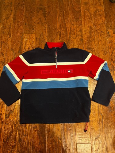 Tommy Hilfiger Mens Fleece Spell Out 1/4 Zip Blue Red Colorblock XL | eBay