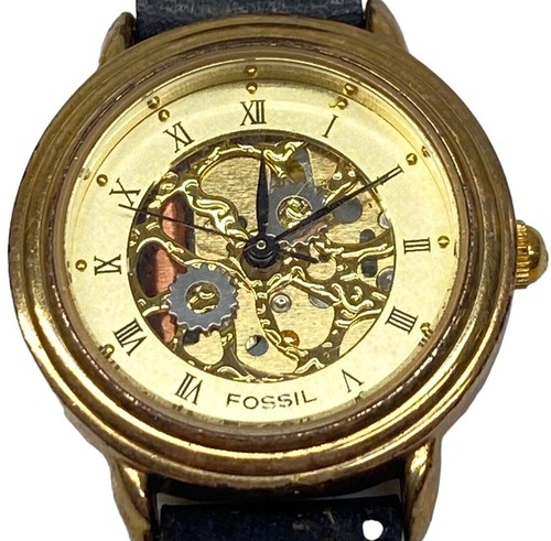 Vintage Fossil Watch Women Gold Tone Skeleton Brown Leather Band New ...