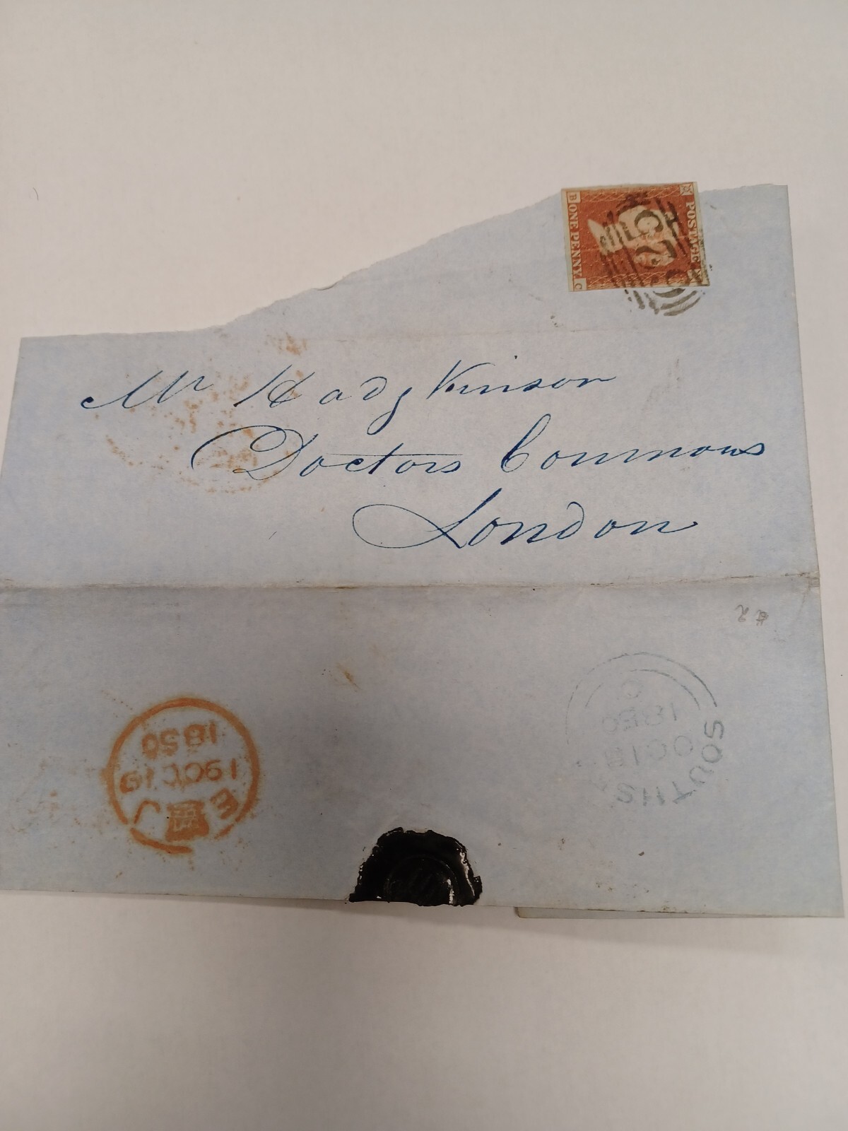 1850 London England one Penny Canceled Stamp and Part of envelope ...