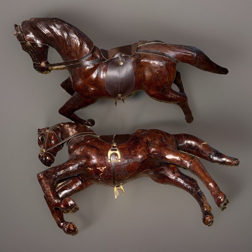 2 Mid 20th Century Hand Crafted Leather Wrapped Chestnut Horses Statue ...