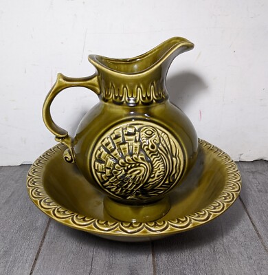 Vintage McCoy Pottery USA 7516 Green Basin Bowl & Thanksgiving Turkey ...