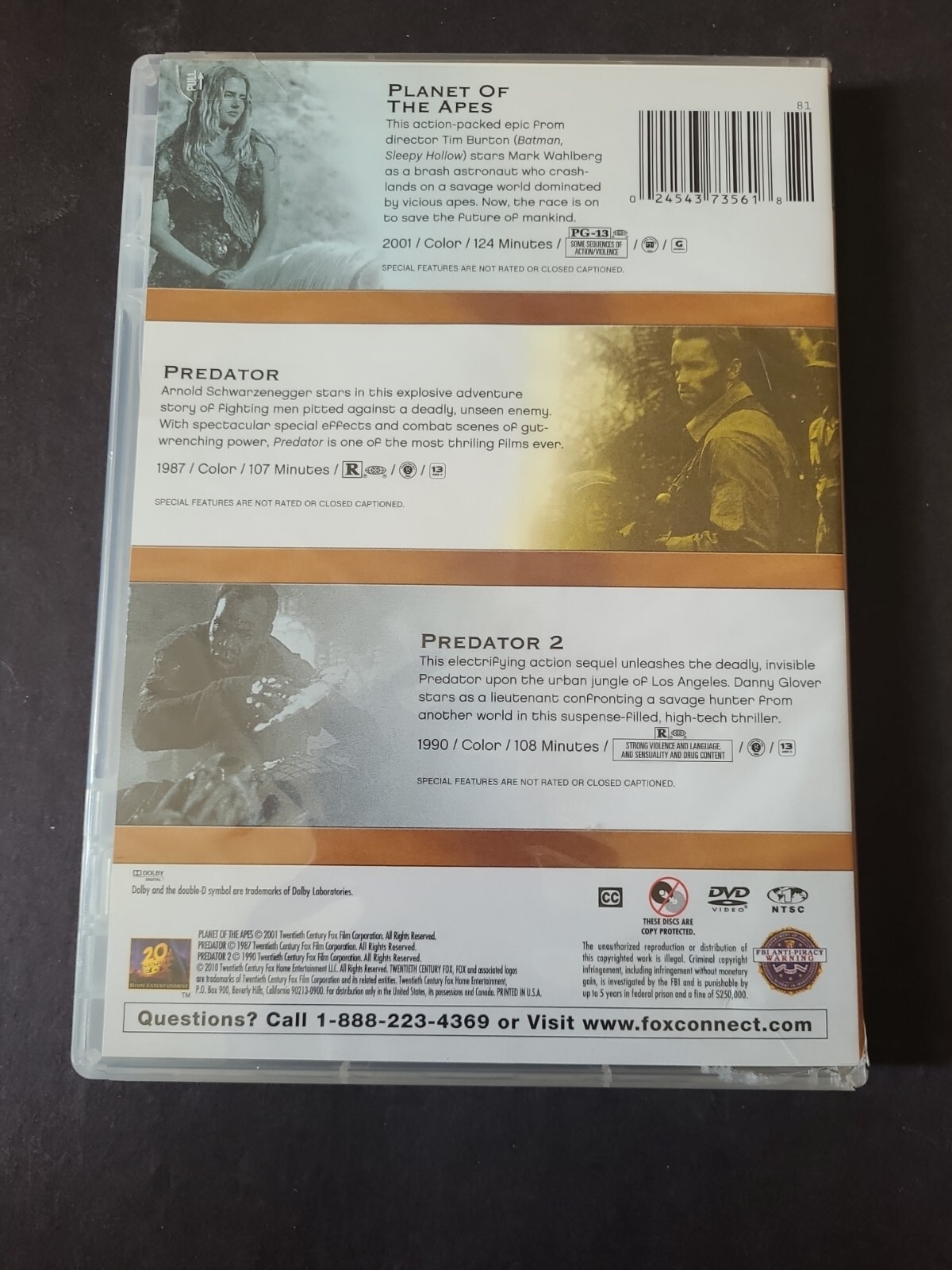 three feature films: planet of the apes, predator, predator 2 3 dvd set ...