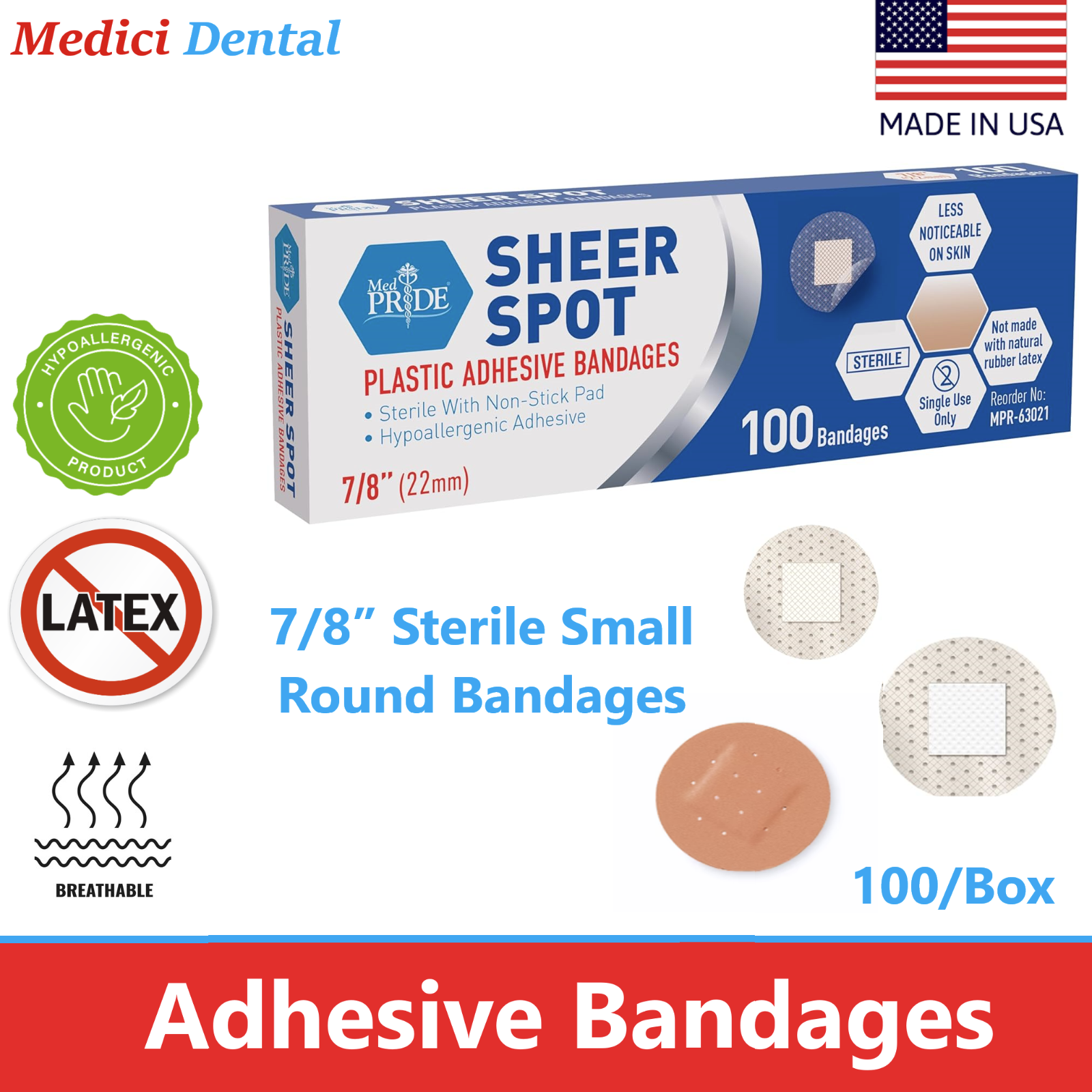 Dental Medical Adhesive Bandaid Bandage, Round, Spot 7/8" Sterile 100Bx ...