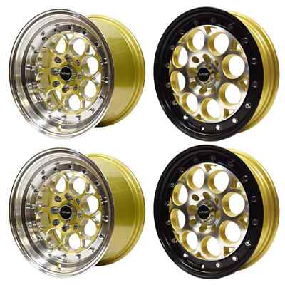 VMS Racing Gold Polished & Black Lip Revolver Wheels Pack 15x3.5 15x8 ...