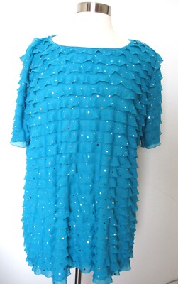 Notations Woman Women's Top Shirt Blouse Ruffled Aqua Turquoise Teal ...