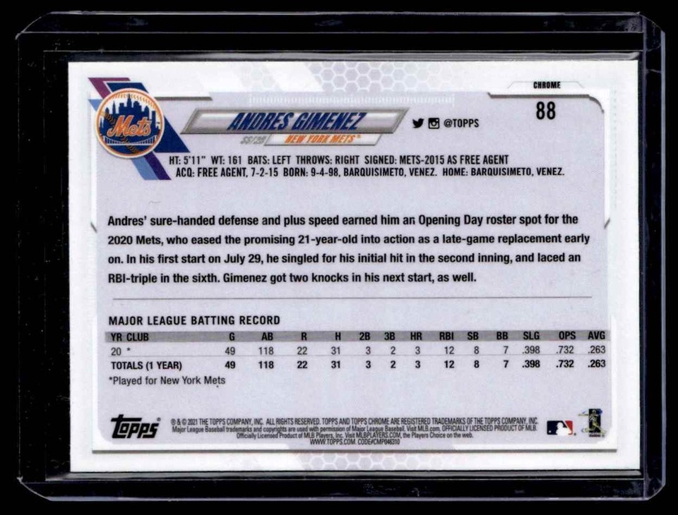 2021 Topps Chrome Prism Refractor Andres Gimenez RC New York Mets #88 ...