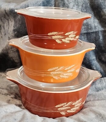 VINTAGE Pyrex Autumn Harvest Casserole Dish Set Wheat - Orange & Burnt ...