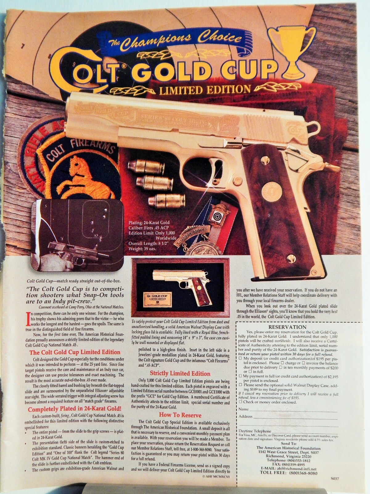 COLT GOLD CUP COMMEMORATIVE PISTOL FIREARM ORIGINAL VTG 1990S ...