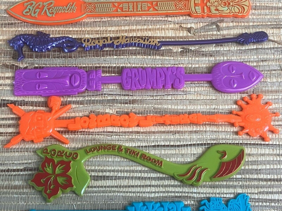6 TIKI Bar Swizzle Sticks Hukilau SHAG Grumpy's Porco Royal Hawaiian BG ...