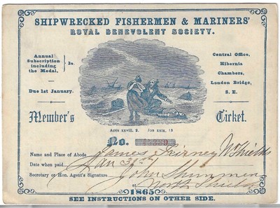 1865 Shipwrecked Fisherman & Mariners Society Member Ticket Sailor ...