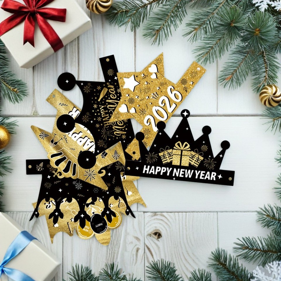 12pcs 2026 Happy New Year Party Kit Glitter Paper Crown Hats And ...