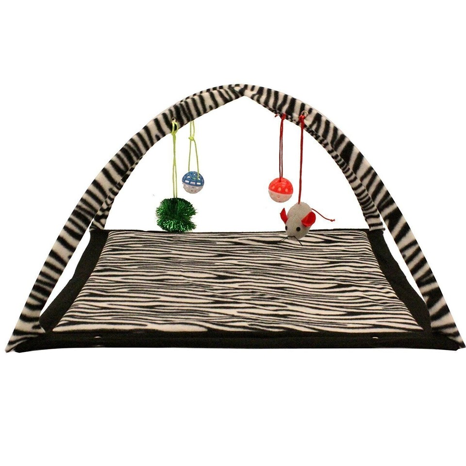 Zebra Print Cat Play Tent with Dangle Toys Pet Interactive Kitty 22"x23 ...
