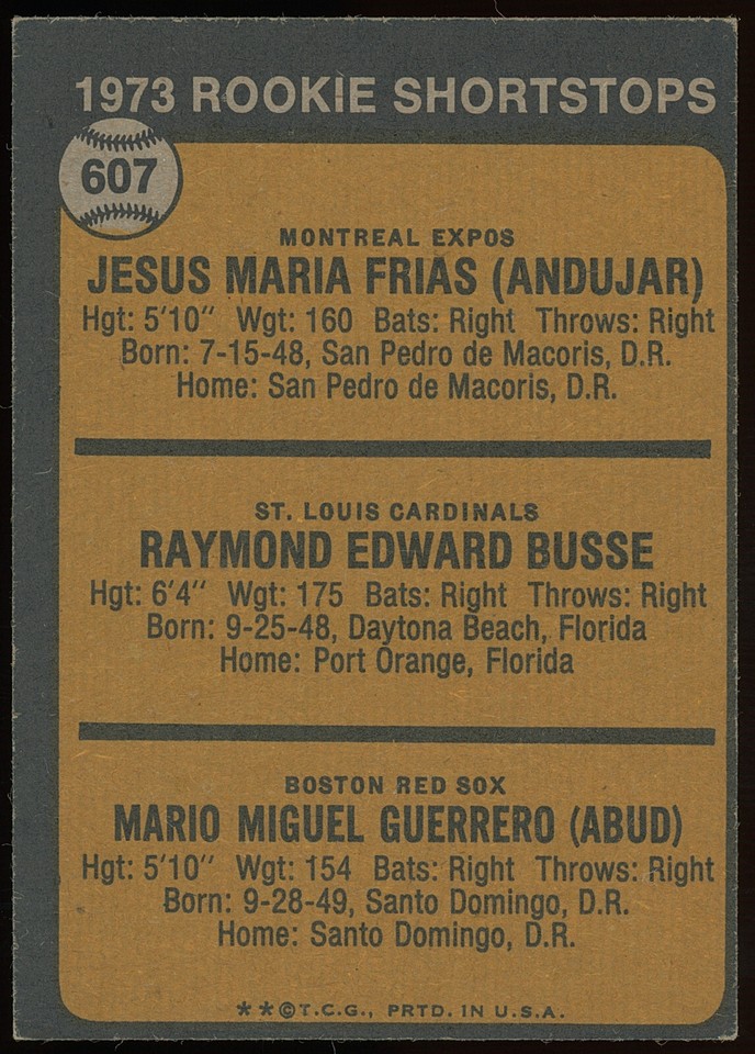 1973 Topps | PEPE FRIAS/RAY BUSSE/MARIO GUERRERO RC Rookie Shortstops ...