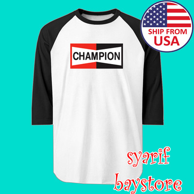 Champion Spark Plug Men's Raglan White Black Size S to 2XL | eBay