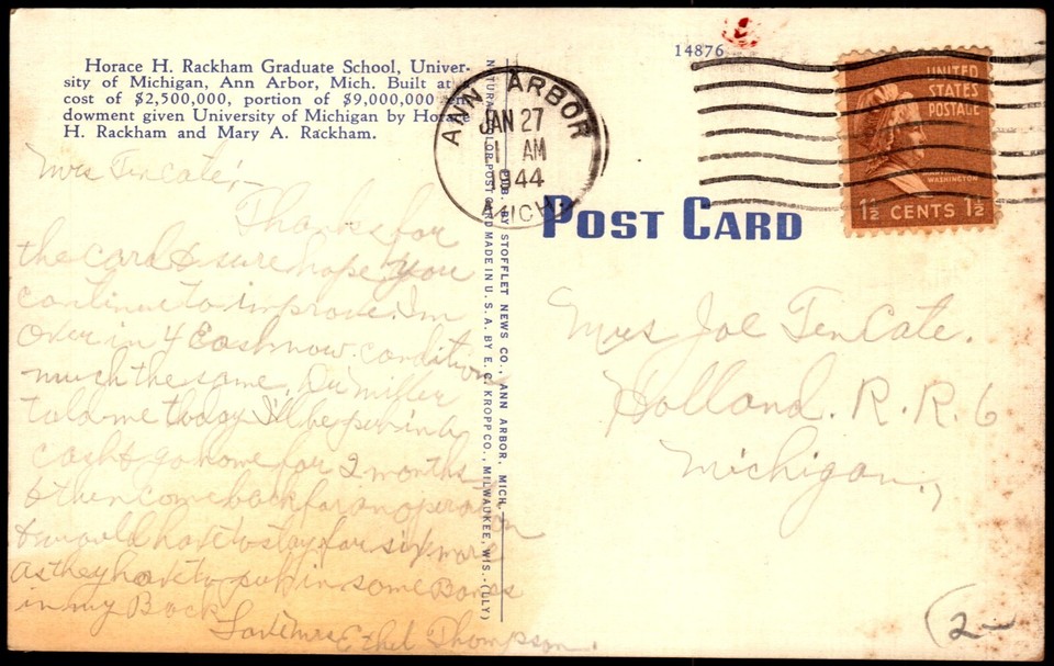 Postcard MI Ann Arbor University of Michigan Horace Rackham Graduate ...