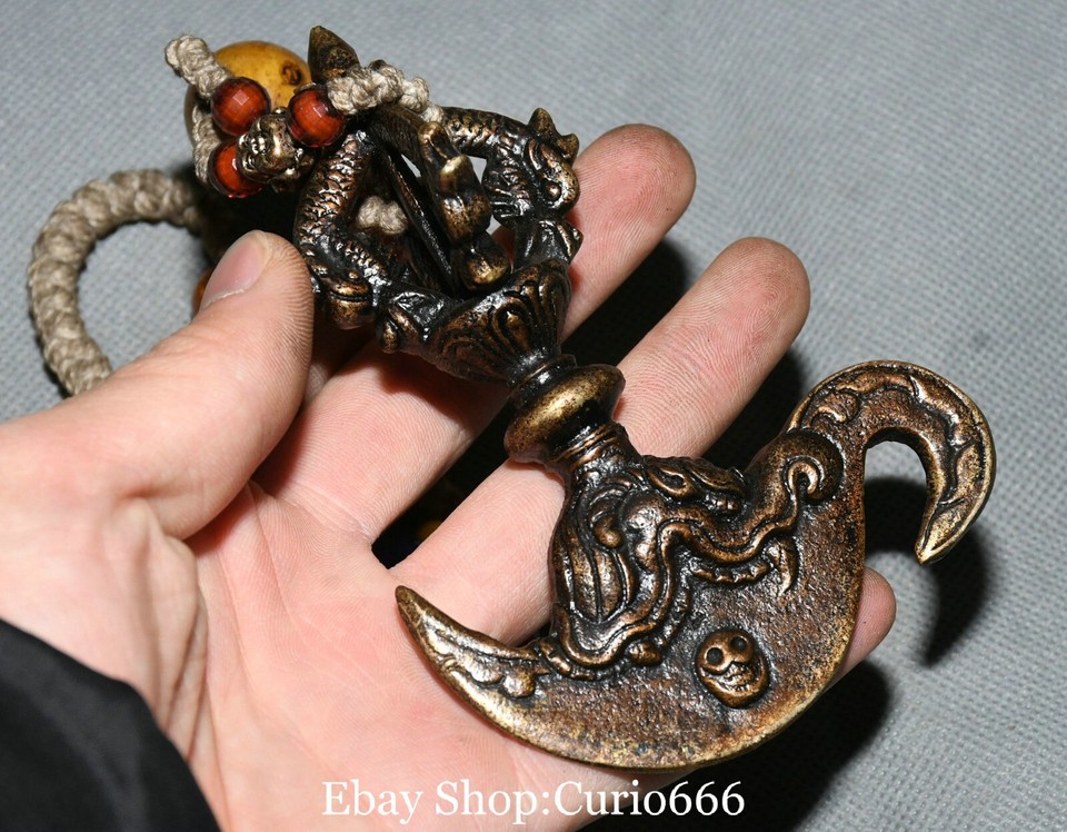 4'' Old Tibet Pure Bronze Wood Amber Bear Head Dragon Beast Phurba ...