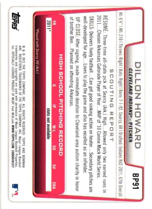 2012 BOWMAN PROSPECTS DILLON HOWARD RC ROOKIE #BP91 | eBay