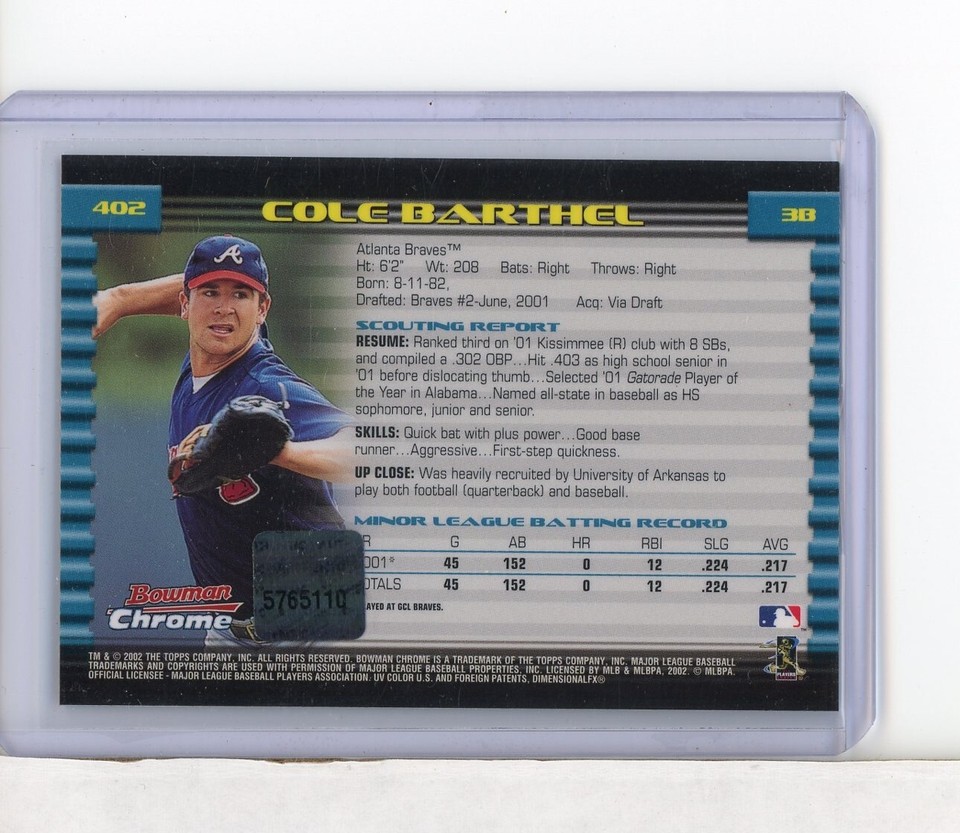 2002 BOWMAN CHROME BASEBALL AUTO COLE BARTHEL #402 | eBay