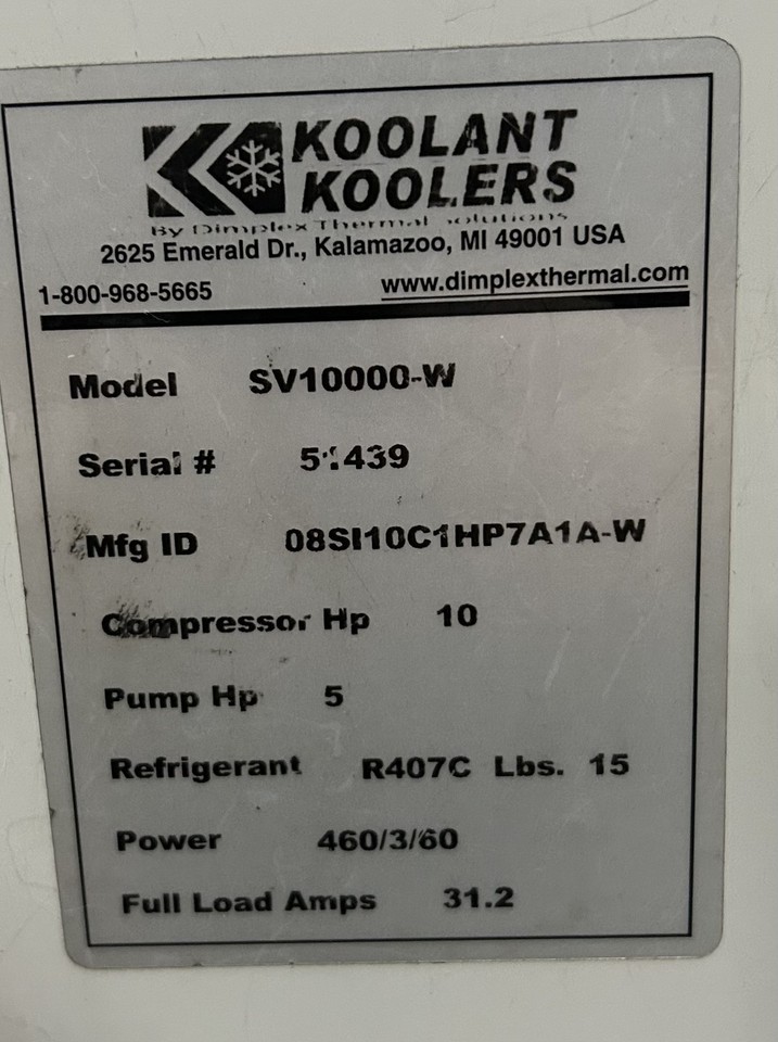 Koolant Koolers 10 Ton Chiller Air Cooled SV10000-W R407C 5HP Pump 460V ...
