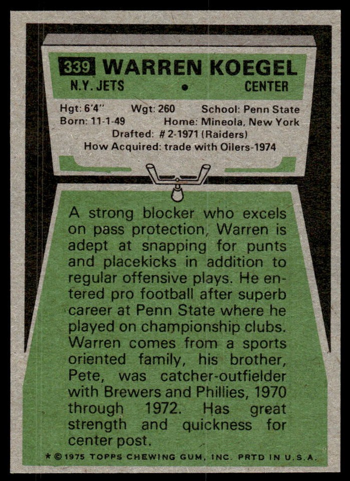 1975 Topps Warren Koegel #339 New York Jets K1 | eBay