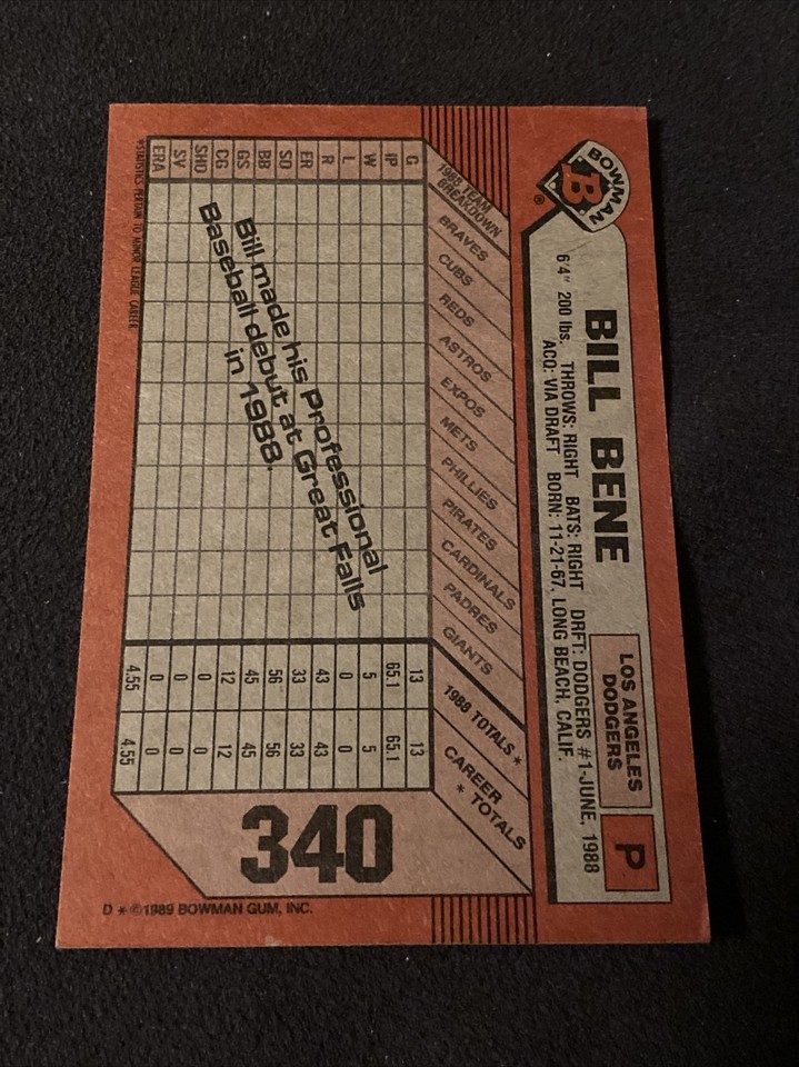 1989 Bowman Baseball Bill Bene #340 Los Angeles Dodgers | eBay