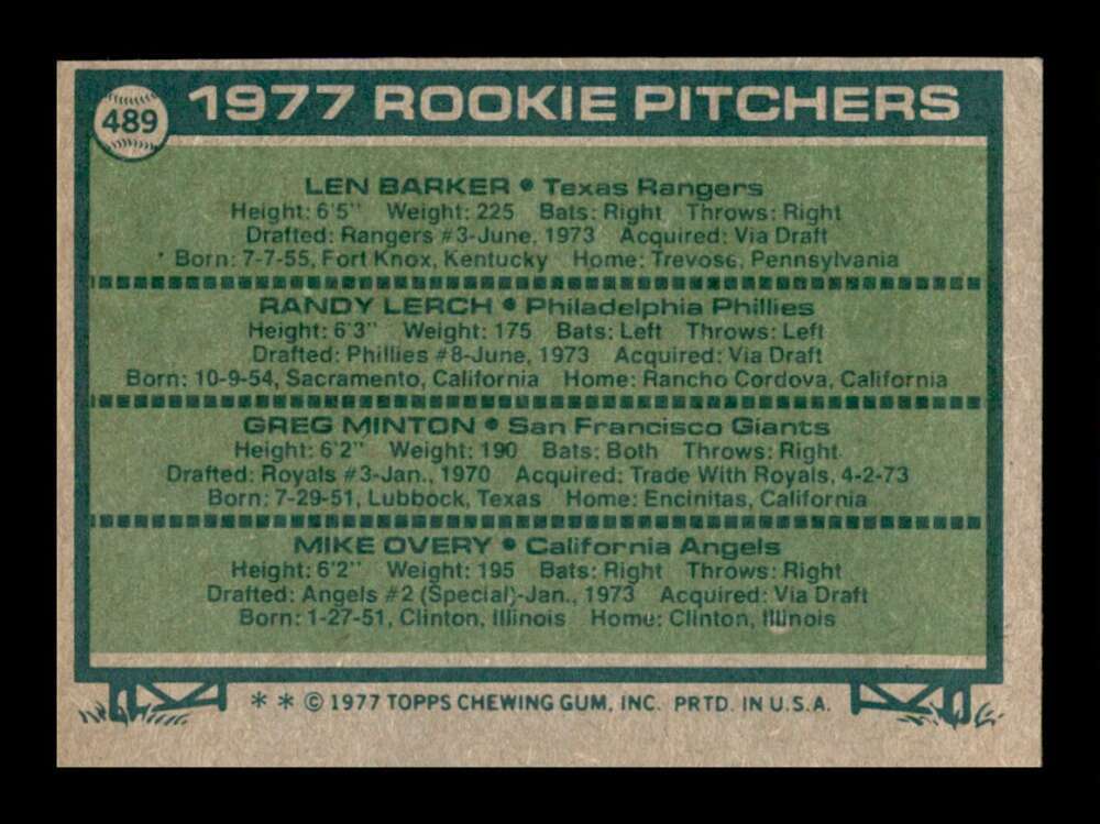 1977 Topps - Rookie Pitchers #489 Len Barker, Greg Minton, Randy Lerch ...