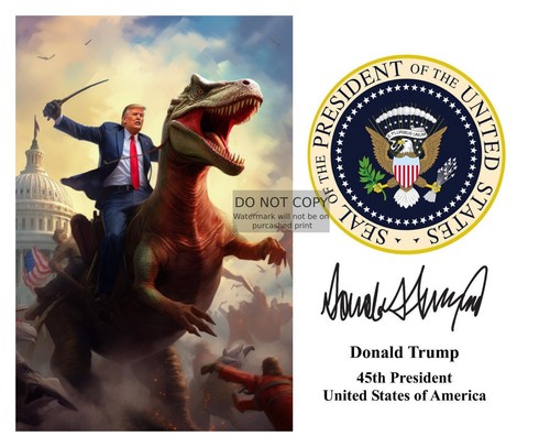 PRESIDENT DONALD TRUMP RIDING T-REX AT THE CAPITOL PRESIDENTIAL SEAL ...