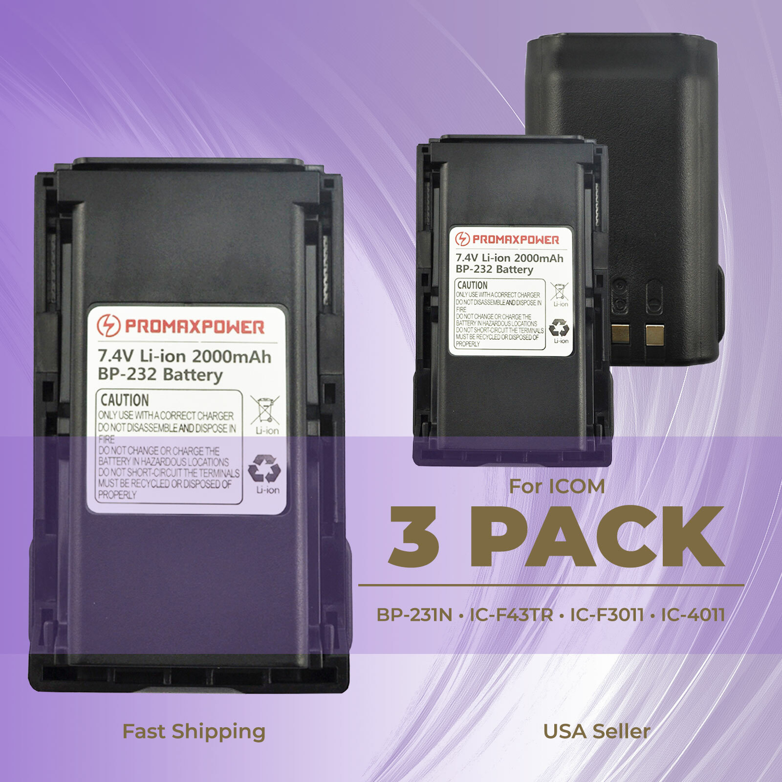 3-Pack Battery for Icom Radios BP-232 BP-231N BP-230 | IC-F44, IC-F4062 ...