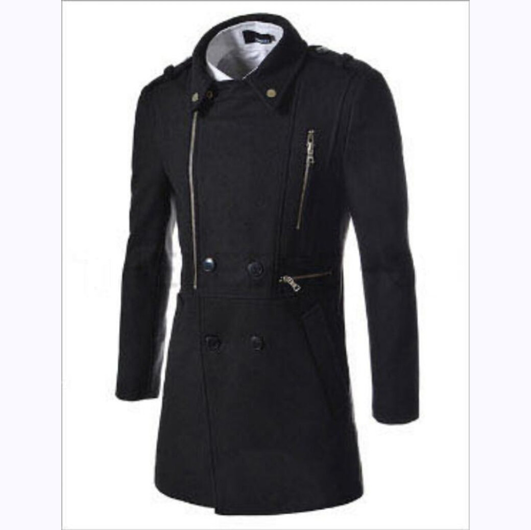 Men's Woolen Jacket Double Breasted Lapel Coat Slim Fit Multiple zipper ...