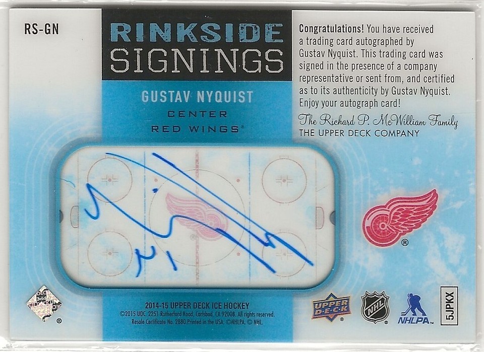 2014-15 Upper Deck Ice Rinkside Signings #RSGN Gustav Nyquist Detroit ...