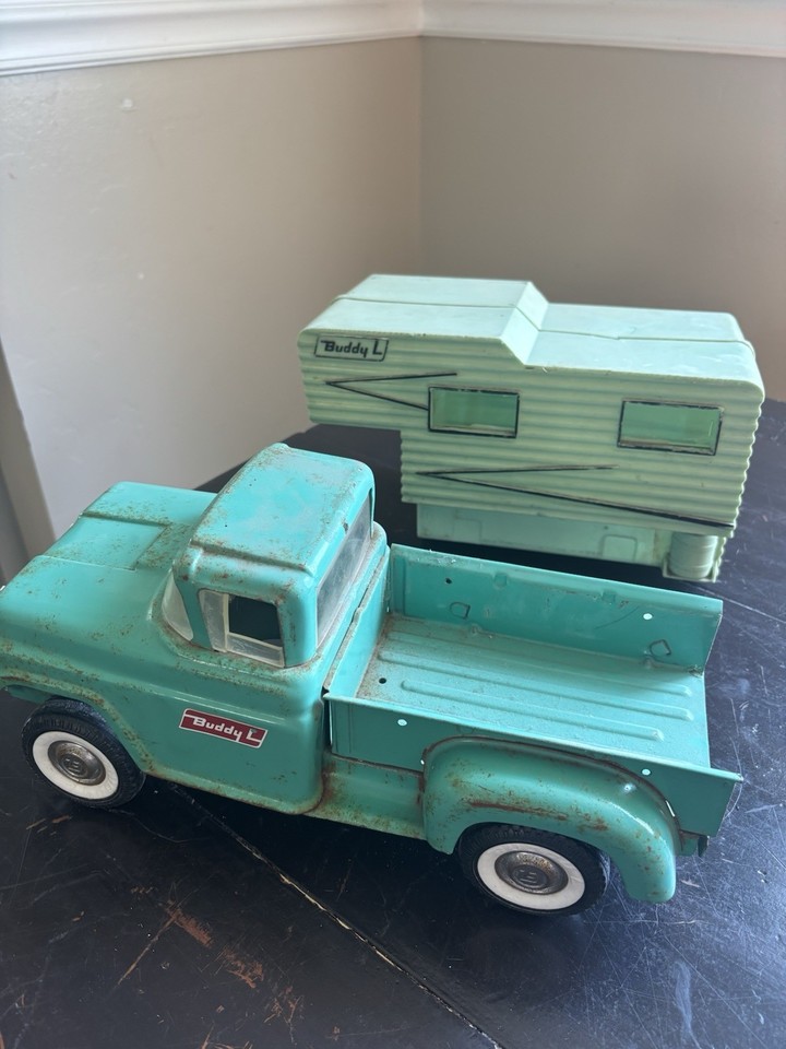 Vintage Buddy L Camper Pressed Steel Toy Pickup Truck Turquoise And ...