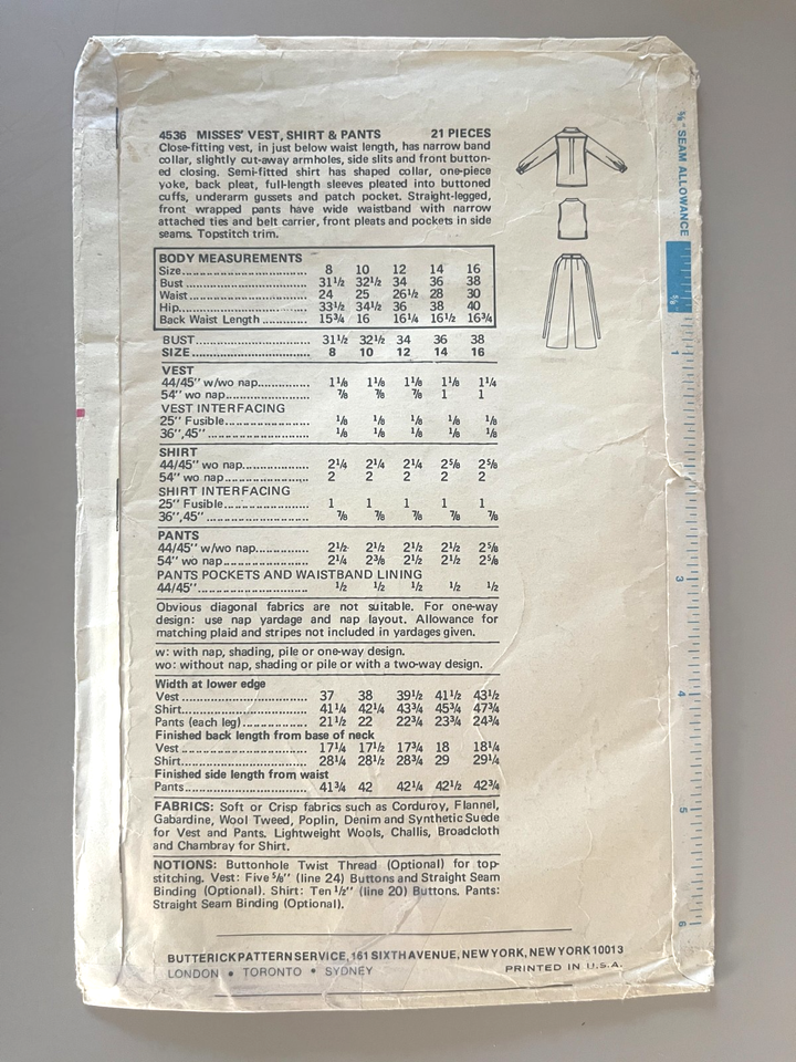 1970's Butterick Misses' Vest,Shirt,Pants Kenzo Pattern 4536 Size 8 | eBay