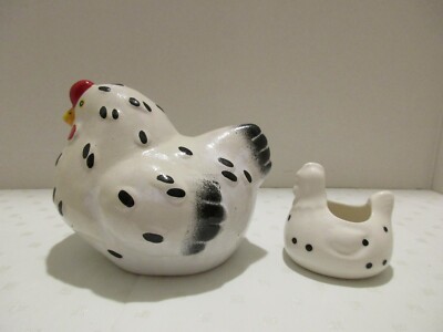 Lot of 2 Porcelain Hen and Chick White with Black | eBay