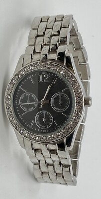 MERONA Ladies Watch New Battery Iced Silver 6-3/4” Grey Dial Faux ...