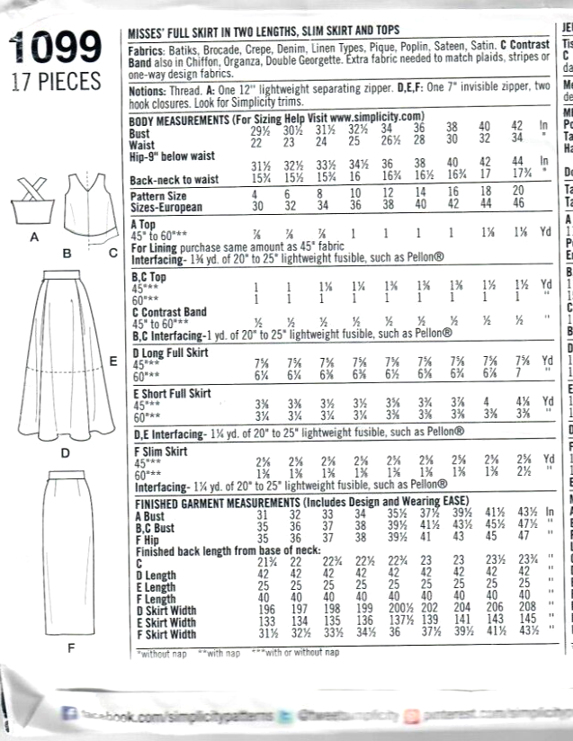 Simplicity Misses Full Skirt - 2 lengths, Tops & Slim Skirt, 1099 ...