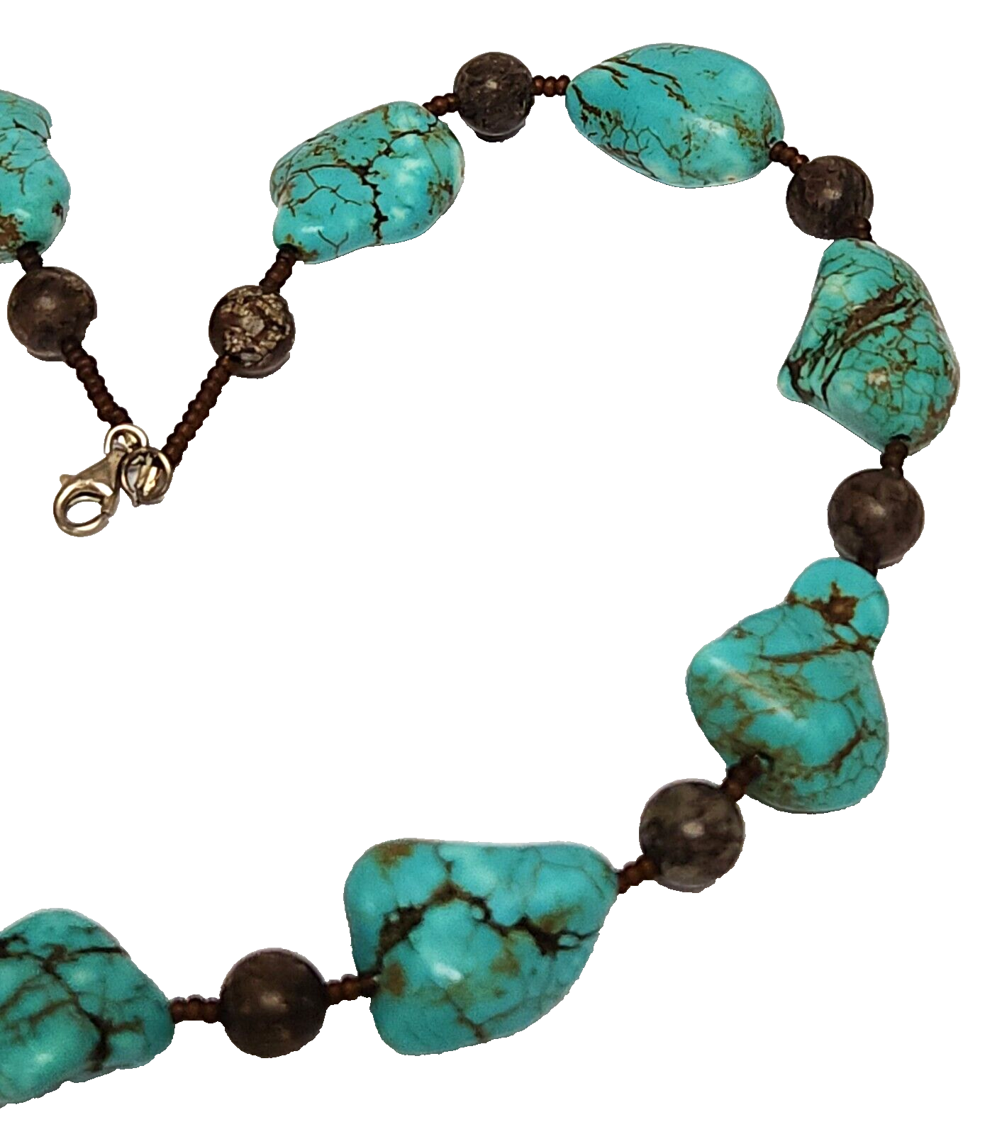 Turquoise Color Magnesite & Brown Stone Necklace 925 Sterling Silver ...