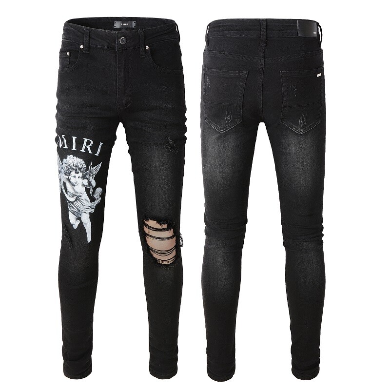 New Pop Men's Ripped Pants Cupid Printing Skinny Fit Black New Pop Men's Ripped Pants Cupid Printing Skinny Fit Black