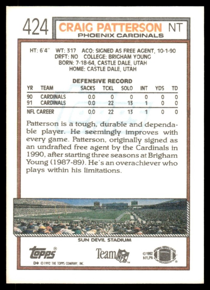 1992 Topps Craig Patterson Rookie Phoenix Cardinals #424 | eBay